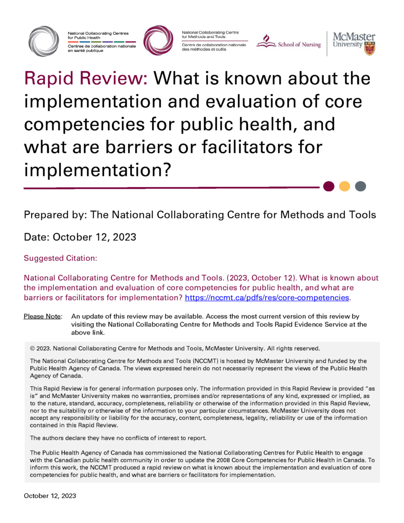 CORE COMPETENCIES FOR PUBLIC HEALTH IN CANADA: RELEASE 2.0 – NCCPH