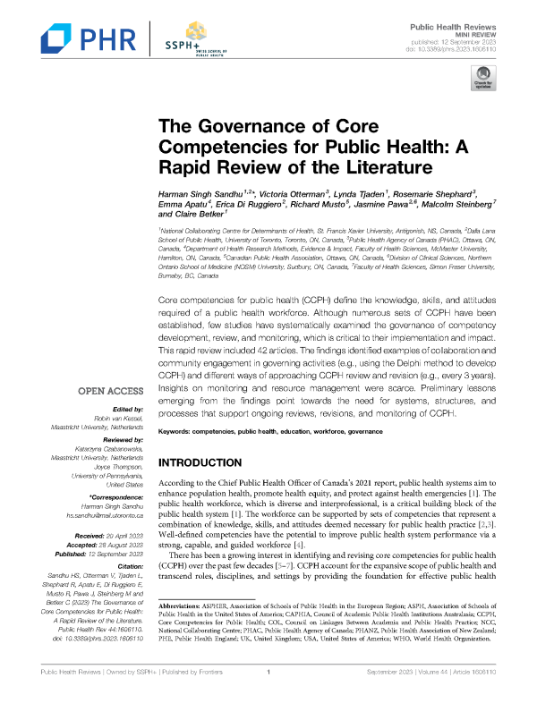 CORE COMPETENCIES FOR PUBLIC HEALTH IN CANADA: RELEASE 2.0 – NCCPH
