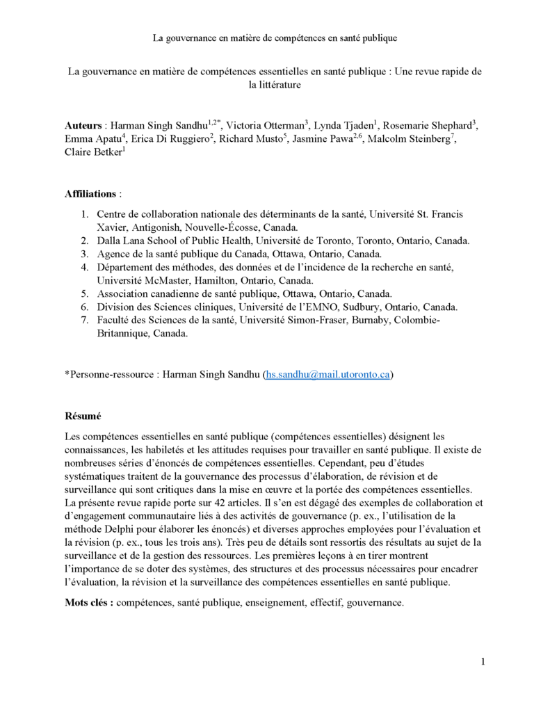 COMPÉTENCES ESSENTIELLES EN SANTÉ PUBLIQUE AU CANADA : VERSION 2.0 – NCCPH