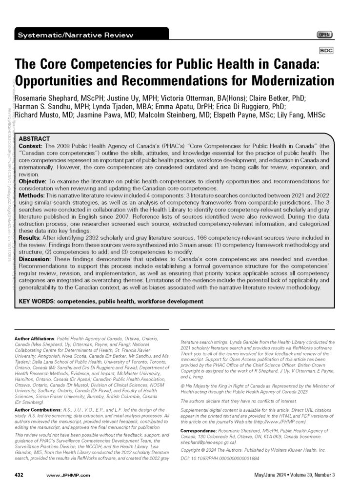 CORE COMPETENCIES FOR PUBLIC HEALTH IN CANADA: RELEASE 2.0 – NCCPH